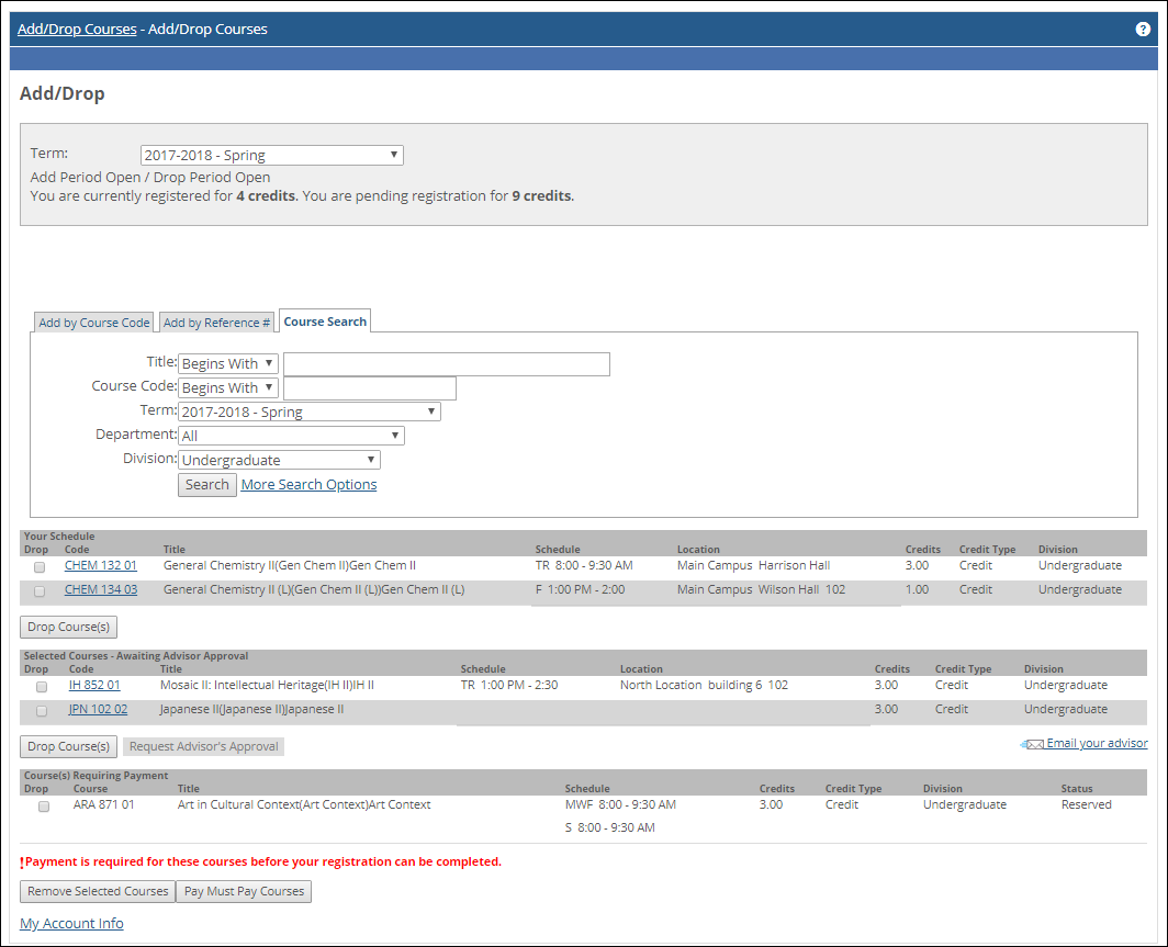 Add/Drop Courses Feature