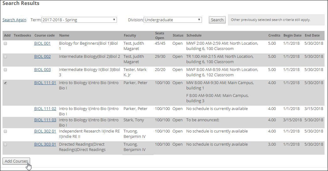 Add/Drop Courses Feature